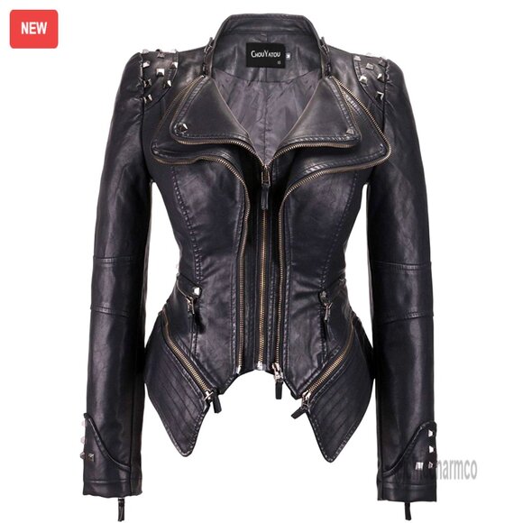 Jackets & Coats | Faux Leather Biker Jacket Studded Moto Shaping ...
